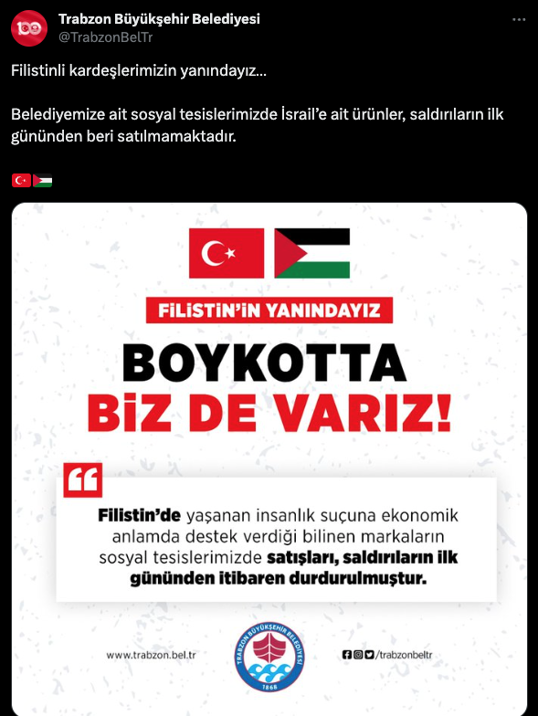 Trabzon Büyükşehir Belediyesi'nden, İsrail'e boykot... Trabzon Büyükşehir Belediyesi'nden, İsrail'e boykot...
